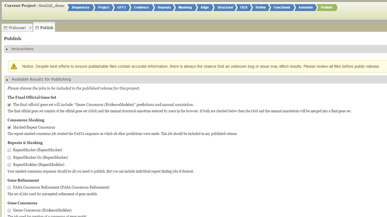 Publish Tab | GenSAS v6.0
